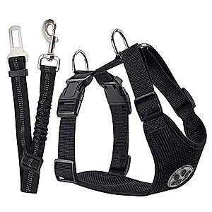 Nasus Dog Car Harness Plus Connector Strap, Adjustable Double Breathable Mesh Fabric Travel Regular Vest Harness with Safety Seat Belt in Cars Vehicle for Dogs Road Trip Daily Walks (Small, Black)