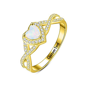 Junikool Opal Ring Dainty Simple Rings for Women Oval Lab Created White Opal & Round Cubic Zirconia Personalized Engraved Custom Name Sterling Silver