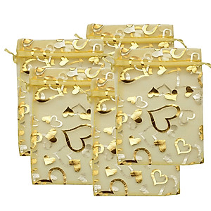 YYaaloa 100PCS Mini Sheer Heart Mixed Organza Bags 7X9 cm/2.7X3.5 inches, Drawstring Chic Gift Beauty Bags, Wedding Favor Bags Candy Jewelry Gift Bags (Gold, 2.7x3.5 inch)