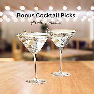 Sister.ly Drinkware Handmade Hammered Martini Glasses with Gold Rim - Gold Rimmed Martini Glasses Set of 2 and 2 Gold-Plated Cocktail Picks, Unique Martini Glass. Perfect For Cocktails.