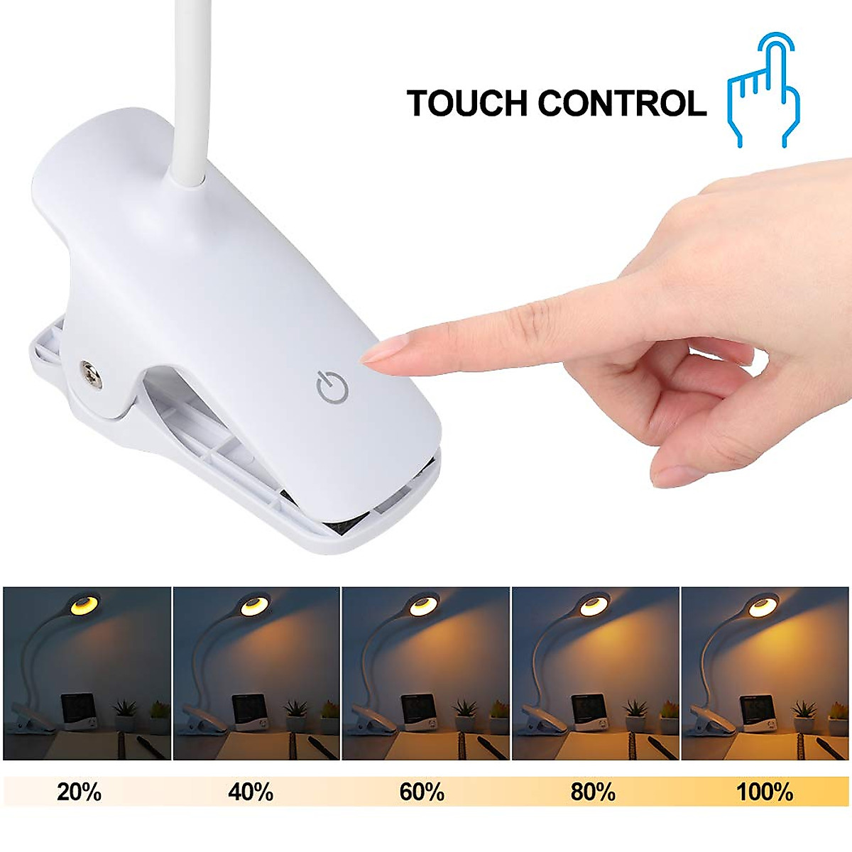 Clip-on Reading Light for Bed - Amber Book Read Light Rechargeable 5 Brightness Desk Light Clamp Lamp, Touch Control Dimmable Lamp with Flexible Neck, Gentle Night Light(White)