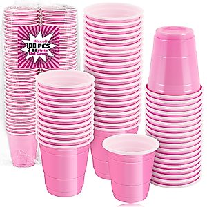 Blcculi 100 Pcs 2 oz Plastic Pink Shot Glasses - Disposable Party Cups for Jello Shots, Bachelorette and Birthday Parties - Mini Tasting Serving Shot Cups