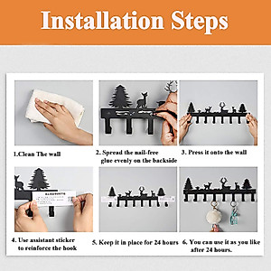 BeiLeiNiceHK Key Holder Wall Mount Metal Key Hook Cute Forest Deer Key Hanger Adhesive Key Organizer Rack for Entryway,Front Door,Hallway,Office,8-Hooks,Black