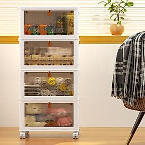 4 Tier Plastic Storage Bins with Lid 23QT, Stackable Storage Containers with Wheels, Folding Storage Boxes, Collapsible Storage Bins, Closet Organizers and Storage for Living Room,Office,Dorm