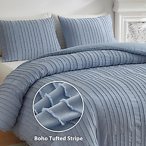 WARMDERN Blue Boho Duvet Cover King Size, Striped Textured Duvet Cover Set Tufted Bedding Set, 3 Pcs Ultra Soft Washed Microfiber Duvet Cover with Zipper Closure (King, Blue)
