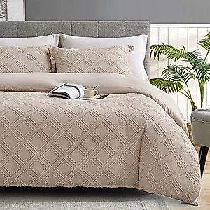 Maple&Stone King Duvet Cover Set, 3 Pieces Textured Tufted Boho Bedding Sets Zipper Closure Design with Ties, 1 Duvet Cover + 2 Pillow Shams, Comforter NOT Included (Khaki, King Size)