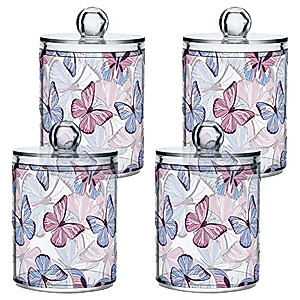 Kigai Cotton Swabs Organizer Cute Butterfly Qtip Holder Dispenser with Lid Apothecary Jar Set 2PCS Reusable Clear Plastic Cans for Dry Food