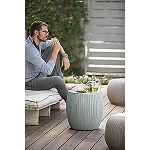 Keter Urban Knit Pouf Ottoman Set of 2 with Storage Table for Patio and Room Décor - Perfect for Balcony, Deck, and Outdoor Seating, Misty Blue & Taupe