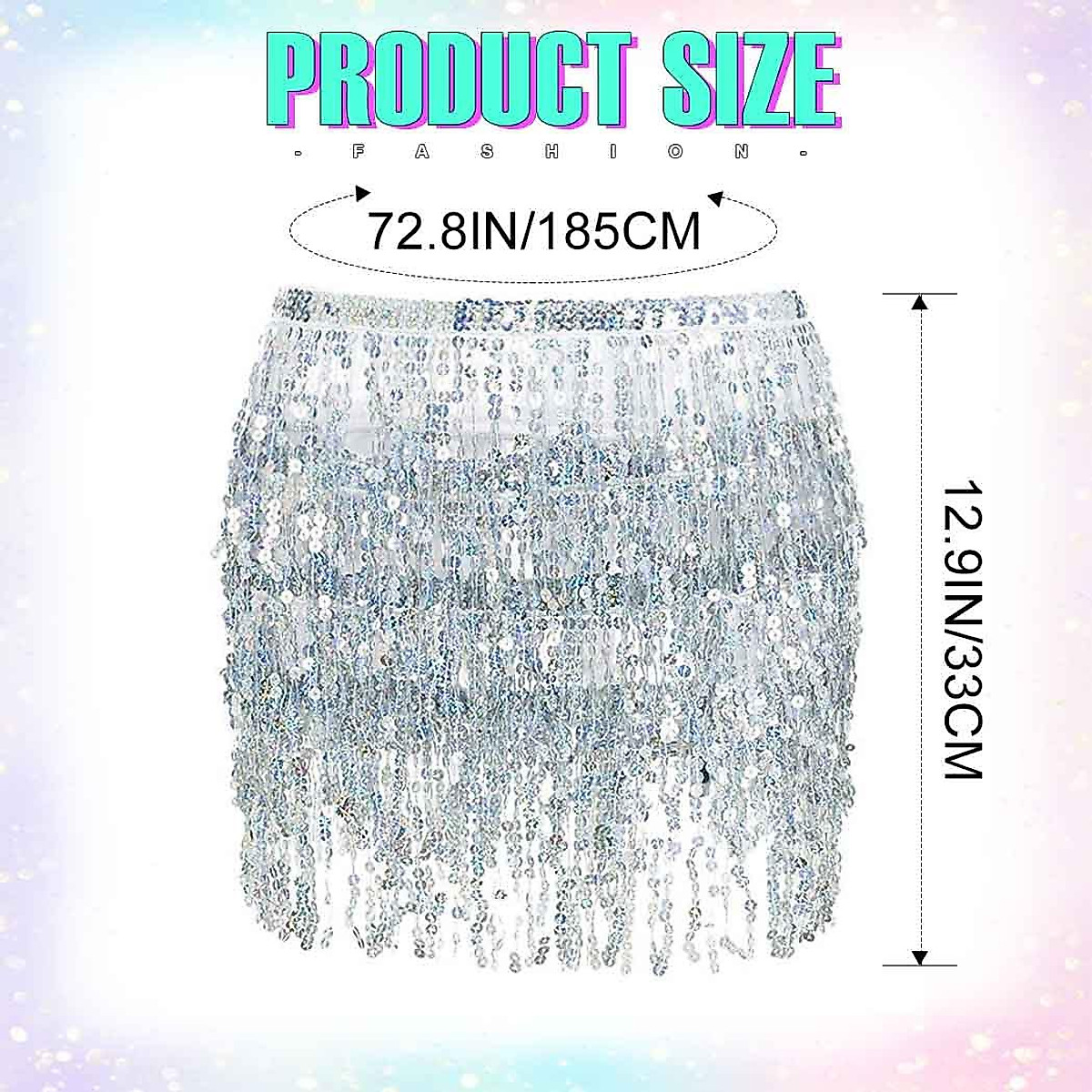 Zoestar Sequin Belly Dance Skirt Tassel Hip Scarf Multilayer Dance Belt Costume Performance Party Skirt Wrap for Women and Girls (Silver)
