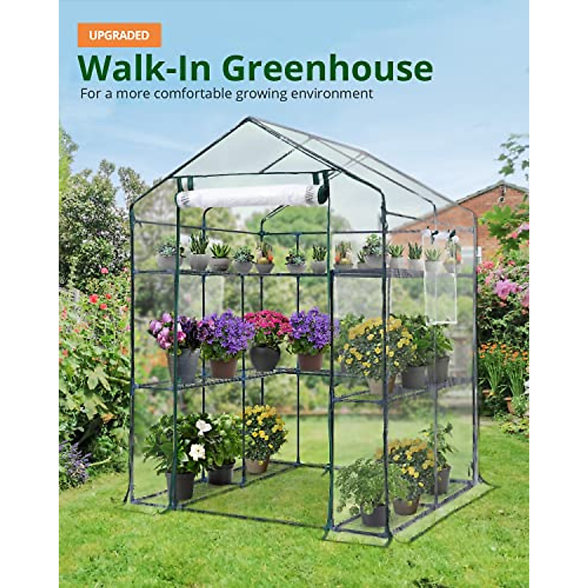 KING BIRD Upgraded Walk-in Greenhouse for Outdoors, Thickened PE Cover & Heavy Duty Powder-Coated Steel, w/ Zippered Mesh Door & Screen Windows, 14 Sturdy Shelves for Garden, 4.7 x 4.7 x 6.4 FT, Clear