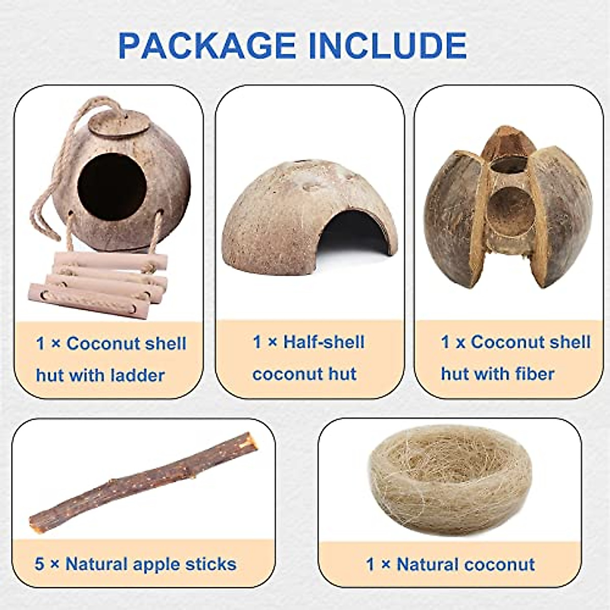 kathson Natural Coconut Hut Hamster Hiding House Pet Cave Small Animal Cage Habitat Decor Hanging Guinea Pig Toys with Ladder for Gerbils Rats Mice Playing Breeding 9PCS
