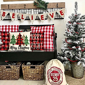 PANDICORN Christmas Pillow Covers 16x16 Inch Set of 4 Red Black Buffalo Plaid Christmas Tree Truck Outdoor Farmhouse Decorations Xmas Winter Holiday Decorative Throw Pillow Cases for Couch Home Decor