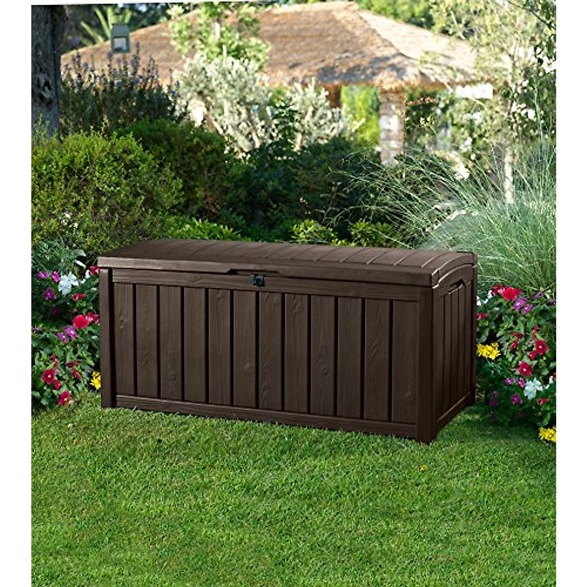 Keter Glenwood 101 Gallon Resin Large Deck Box-Organization and Storage for Patio Furniture, Outdoor Cushions, Garden Tools and Pool Toys, Grey & Black