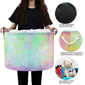 ALAZA Large Storage Basket for Toys Purple Tie Dye Rainbow Print Round Blanket Basket Laundry Hamper Canvas Organizer Bin Box Cotton Rope Collapsible Bucket Pillow Home Decor