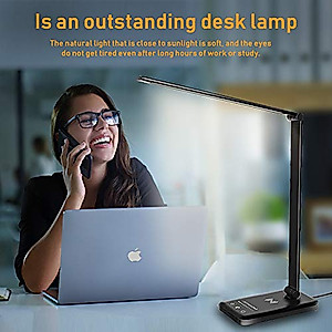 mchatte LED Desk Lamp with Wireless Charger, USB Charging Port, Dimmable Eye-Caring Desk Light with 5 Brightness Levels & 5 Lighting Modes, Touch Control, Auto Timer (Black)