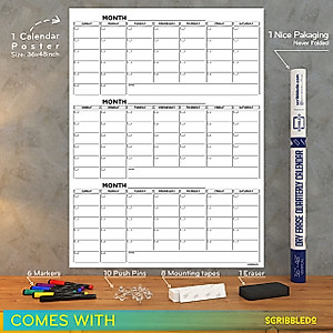 Large 36"x48" Quarterly White Board Calendar Dry Erase Calendar for Wall 3 Month Big Dry Erase Wall Calendar 2025 Monthly Dry Erase Board Planner Includes 6 Markers Eraser Push Pins & Mounting Tape