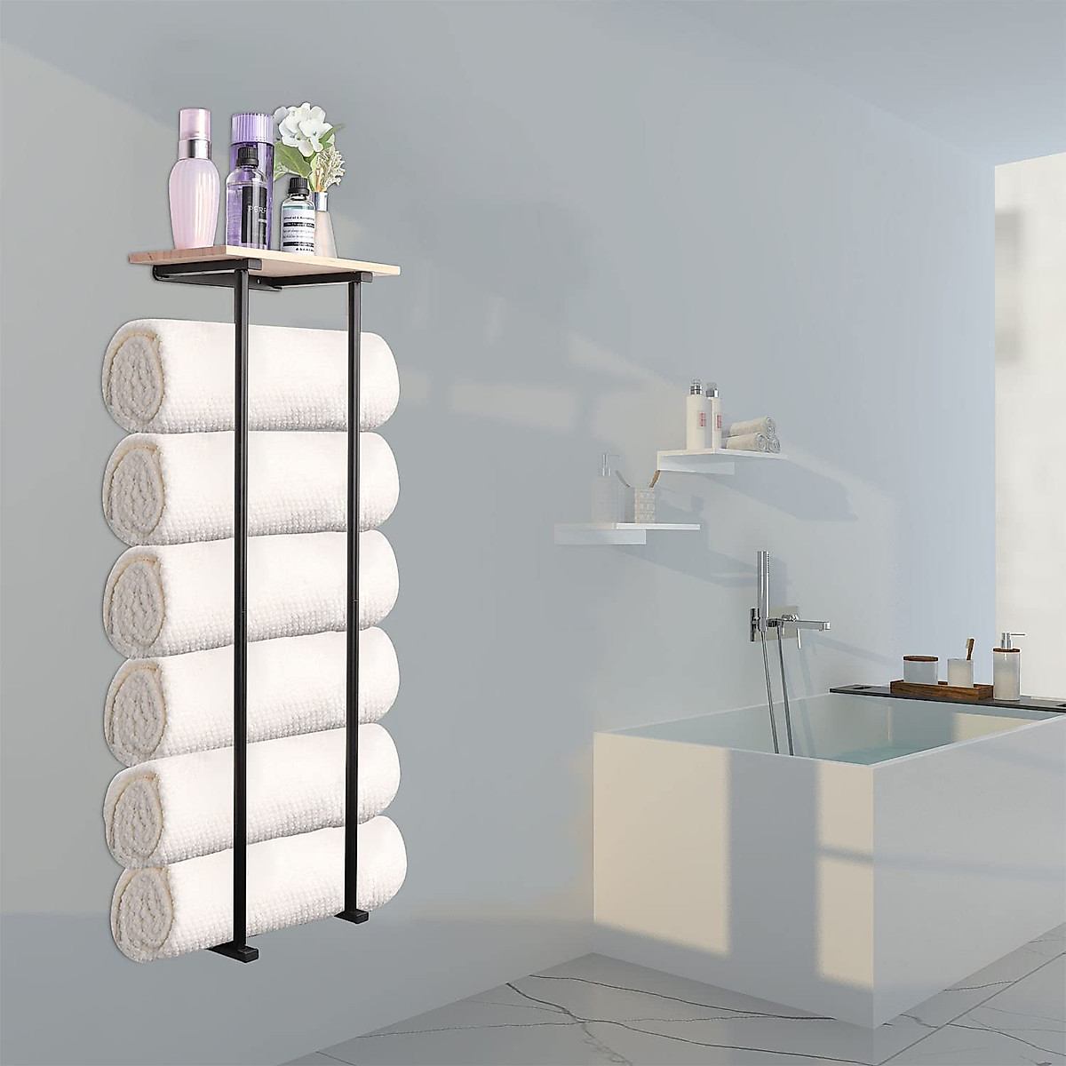 TocTen Towel Racks for Bathroom, Wall Mounted Towel Storage Rack, Wall Towel Rack with Wooden Shelf Can Holds 3 Large Towels, Rolled Towels Storage Organizer for Small Bathroom (Black, 16 Inch)