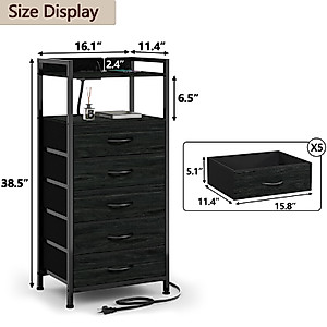 Furnulem Night Stand with Charging Station, Tall Black Dresser for Bedroom, Nightstand with Led Light, Bed Side Table for Living Room, Fabric Storage Drawer, Metal Frame, Wood Furniture