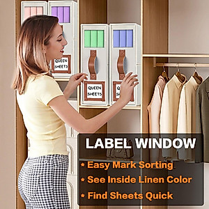 LHZK Sheet Organizers and Storage 4 Pack, Foldable Bed Sheet Organizers and Storage (Queen & King Size), Bed Sheet Organizer with Leather Handle, Window and Label