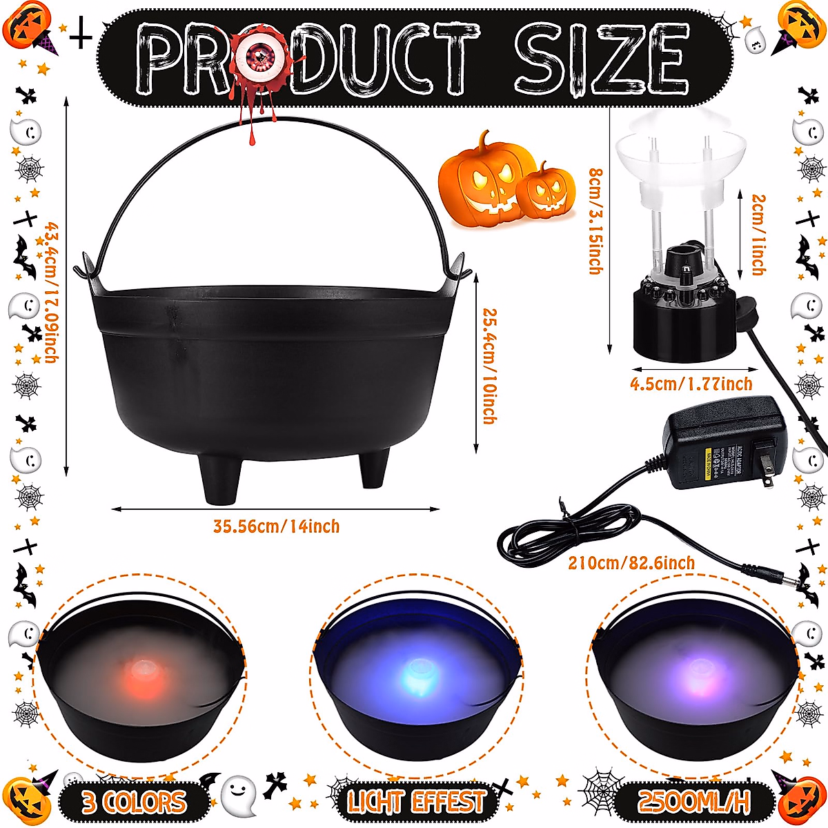 Mifoci 4pcs 14'' Plastic Halloween Cauldron Bowl with 12 LED Lights Mist Maker, Black, 16.0 oz, for Decoration and Favor