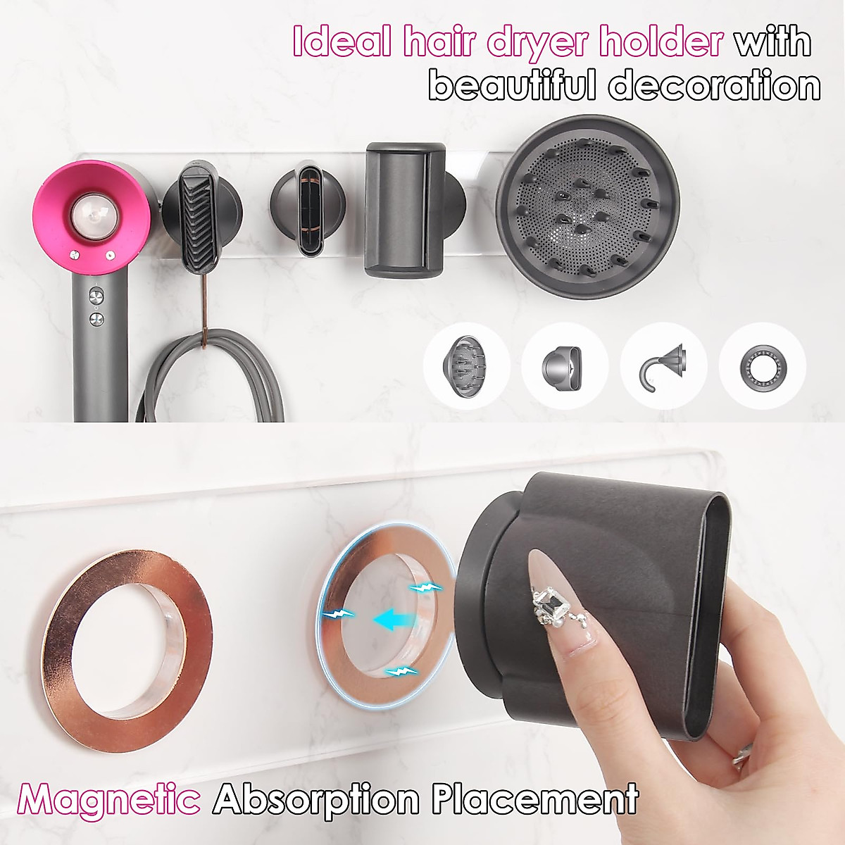 Floatant Wall Mount Hair Dryer Holder Compatible with Dyson Supersonic, Hair dryer holder, Acrylic Attachments Organizer with Hooks for Accessories Nozzles, Wide-Tooth Comb, Diffuser (Transparent)