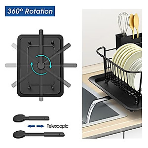 Klvied Dish Rack with Swivel Spout, Dish Drying Rack with Drainboard, Dish Drainers for Kitchen Counter, Dish Strainer with Removable Utensil Holder, Stainless Steel Dish Drainer in Sink, Black