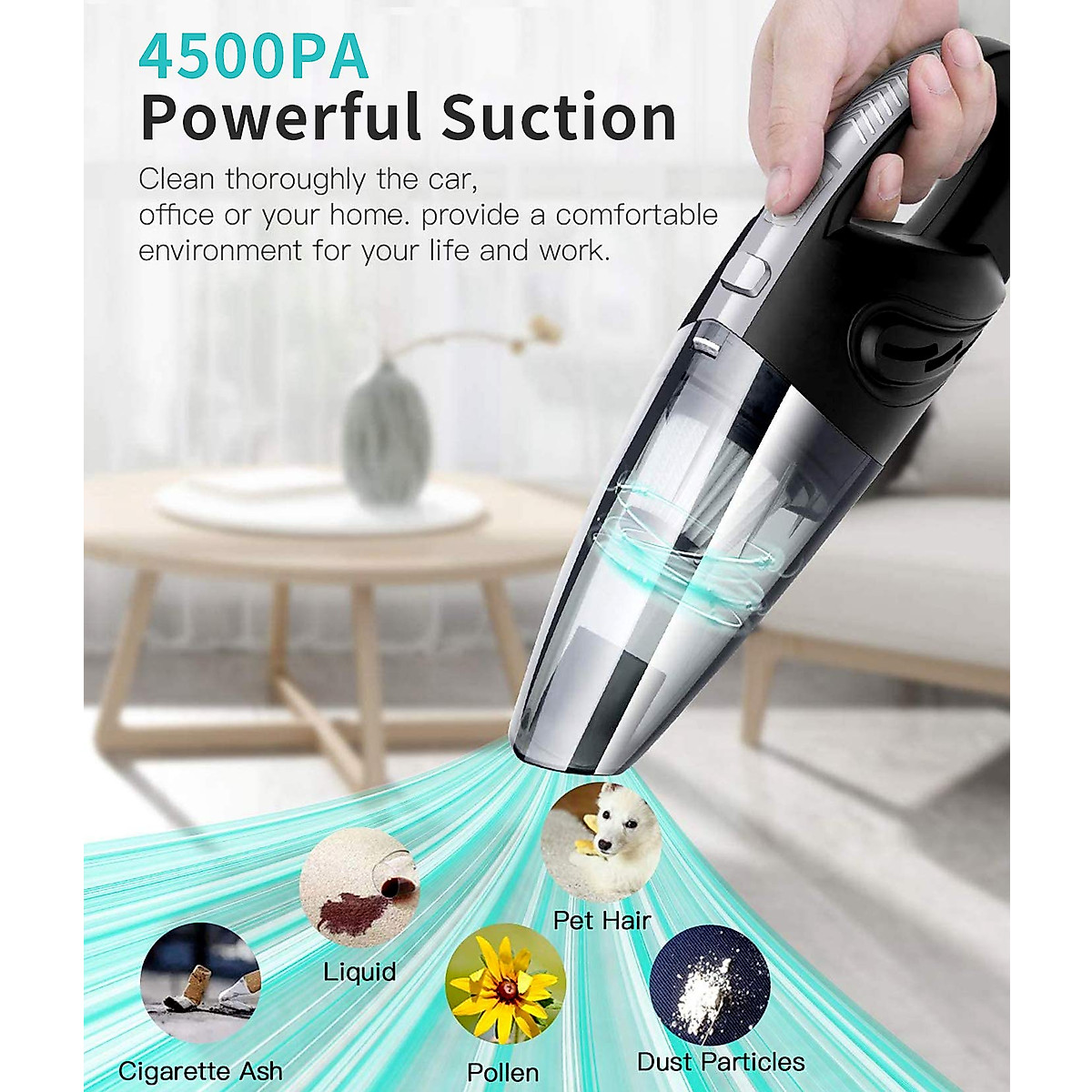 SZFY Handheld Vacuum Cordless Portable Wet Dry Vacuum Cleaner for Car Home Pet Hair with Filter Rechargeable 2200mAh Lithium Battery 120W 4500PA Powerful Suction (Black)