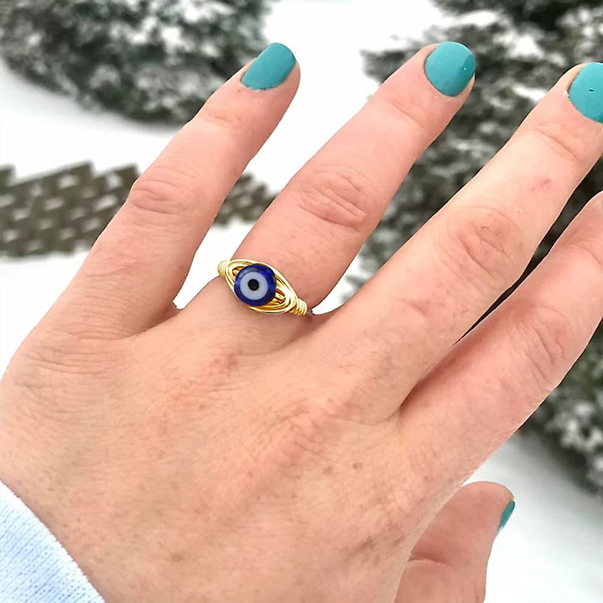 Turkish Blue Evil Eye Band Rings for Women Men Fashion Handmade Wire Wrapped Glass Bead Good Luck Symbol Statement Stacking Knuckle Middle Finger Ring Protection Amulet Lucky Jewelry Gifts Birthday (11)