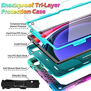 LTROP Protective Case for Samsung Galaxy Tab S9 Plus Case 2023 (SM-X810/ SM-X816B/ SM-X818U) 12.4 Inch, 9H Tempered Glass Screen Protector, S Pen Holder, Hand/Shoulder Strap & Kickstand, Aqua Teal