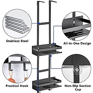 Natural Bamboo Over the Door Shower Caddy，Rust-proof Carbon Steel Adjustable Hanging Organizer Shelf ,Soap Holder Bathroom Shelf，Shower Basket with Hook Suction Cup (Black-2 Tier)