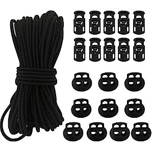 20pcs Plastic Cord Locks with 1/8-Inch 50ft Elastic Cord Heavy Stretch Round String, 10Pcs Sing-Hole, 10pcs Double-Hole Spring Toggle Stopper Slider Black (3mm-Black)