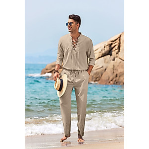 COOFANDY Men's 2 Piece Linen Set Long Sleeve Henley Shirts Casual Beach Pants With Pockets Summer Yoga Outfits