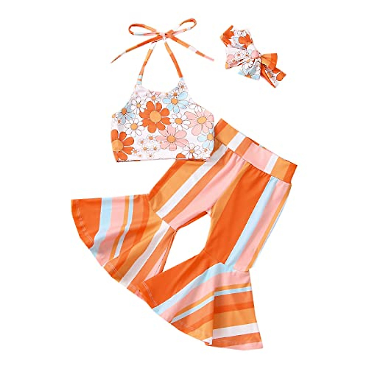 Baby Girl Summer Clothes Cute Bell Bottoms Outfits Sleeveless Halter Backless Crop Tank Tops Flare Pants Set (A-Colorful, 18-24 Months)