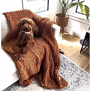 White Oak Village Large Chunky Knit Blanket 50x70; Boho Throw; Tight Braid Cable Knit Throw for Sofa Throw for Bed; Chenille Weighted Blanket 4.5lbs Farmhouse Decor (Deep Ginger)