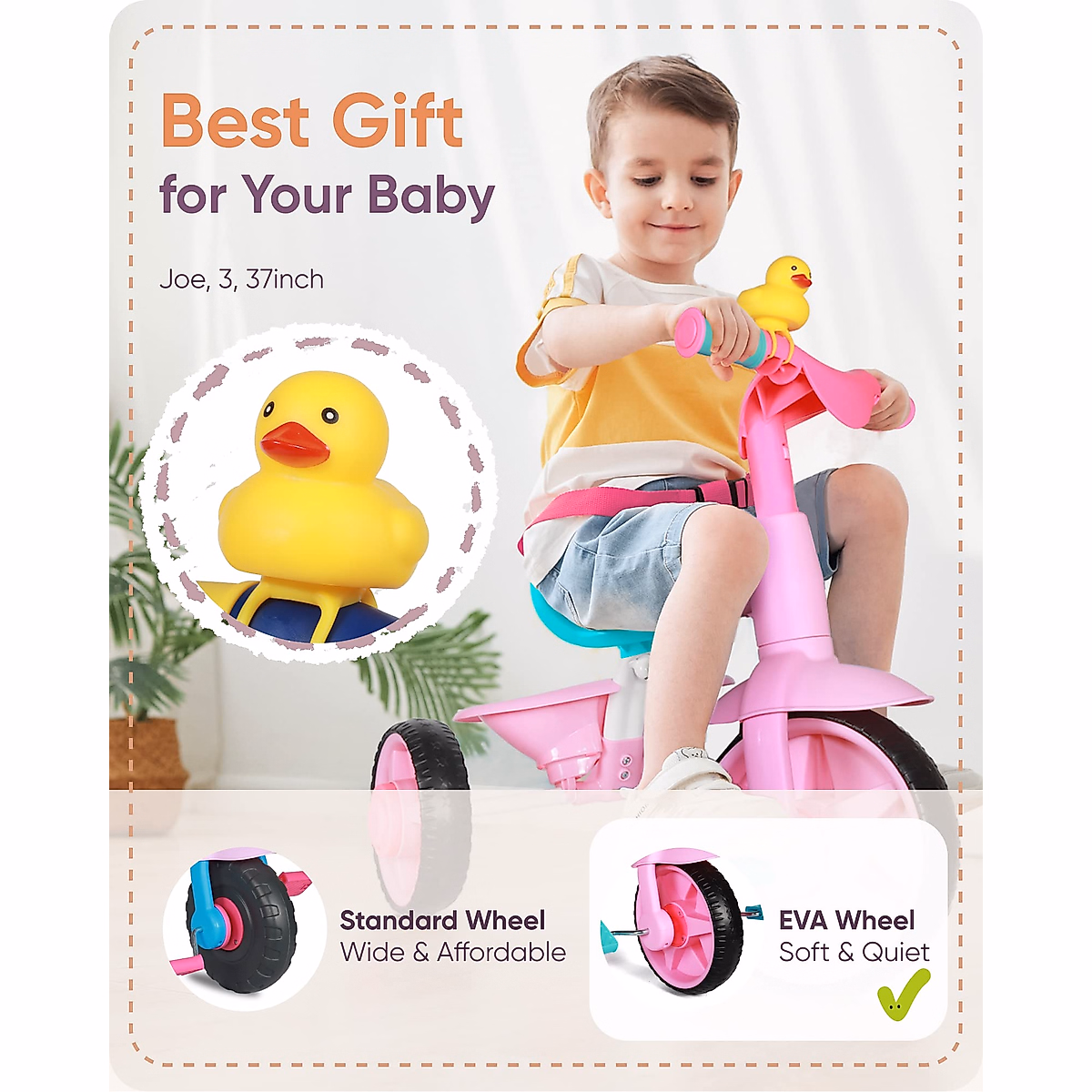 KRIDDO 2 in 1 Kids Tricycles Age 18 Month to 3 Years, EVA Wheels Upgraded, Gift, Trikes for Toddlers 2 to 3 Year Old with Push Handle and Duck Bell, Pink