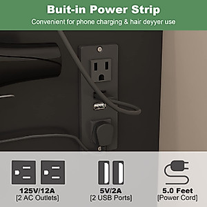 Homsee Vanity Desk Set Makeup Table with Large Sliding Lighted Mirror, Power Strip and Hair Dryer Holder, Dressing Table with Drawers, Storage Shelves & Stool for Bedroom, Black