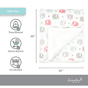 EVERYDAY KIDS Large Ultra Soft Gray and Pink Elephant Minky Baby Blanket for Girls Mink and Sherpa Toddler and Baby Girl Blanket Measures 30 x 40”; Trendy Animal Elephant Baby Nursery Decor
