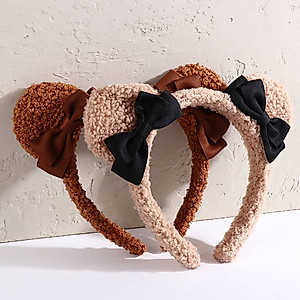 Bear Ear Hairband, Women Hair Hoop Washing Face Headwear, Bear Ear Bow Knot Hairband Plush Headband, Face Hair Hoop(coffee)