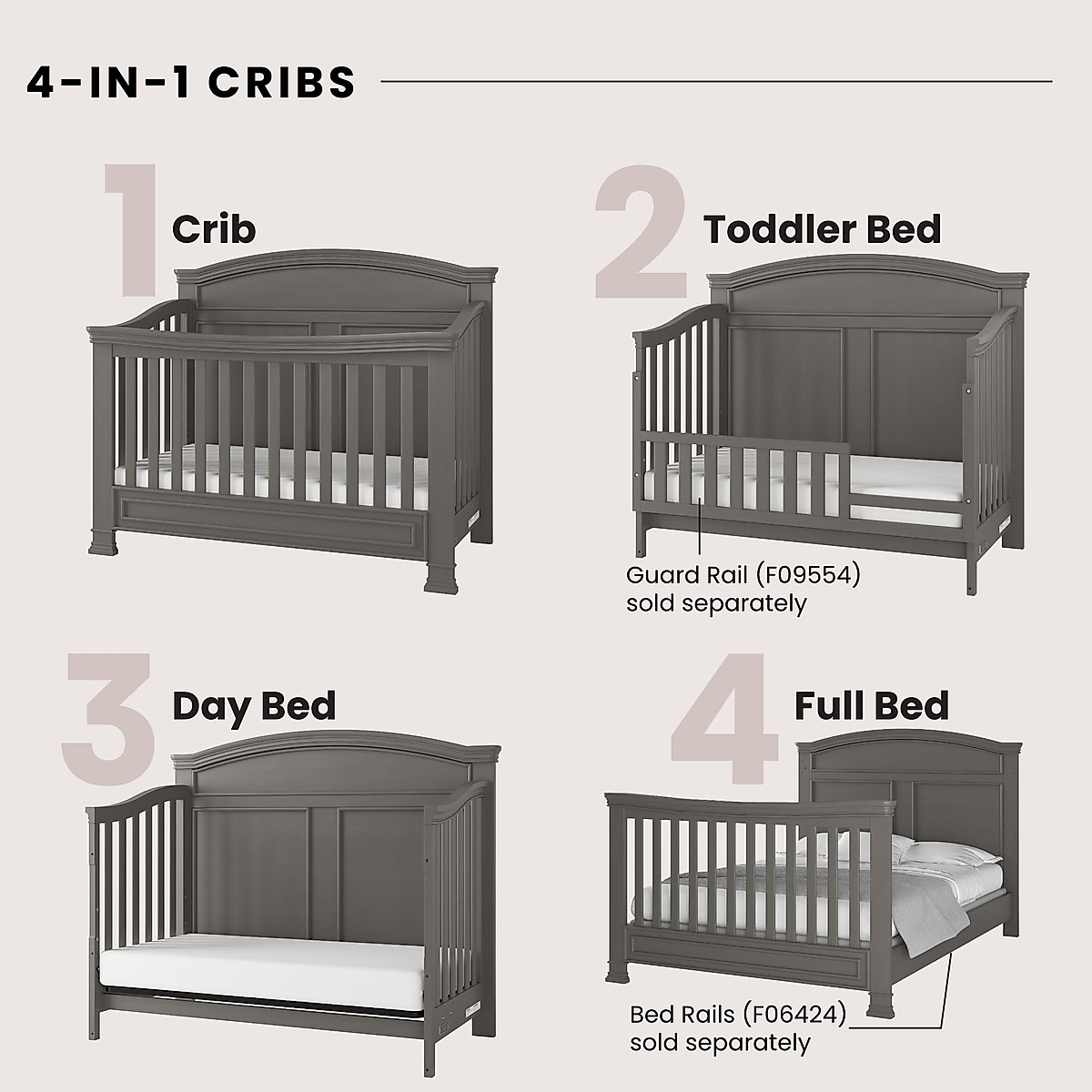 Child Craft Legacy Westgate 4-in-1 Convertible Crib, Baby Crib Converts to Day Bed, Toddler Bed and Full Size Bed, 3 Adjustable Mattress Positions, Baby Safe Finish, Fully Assembled (Chelsea Gray)
