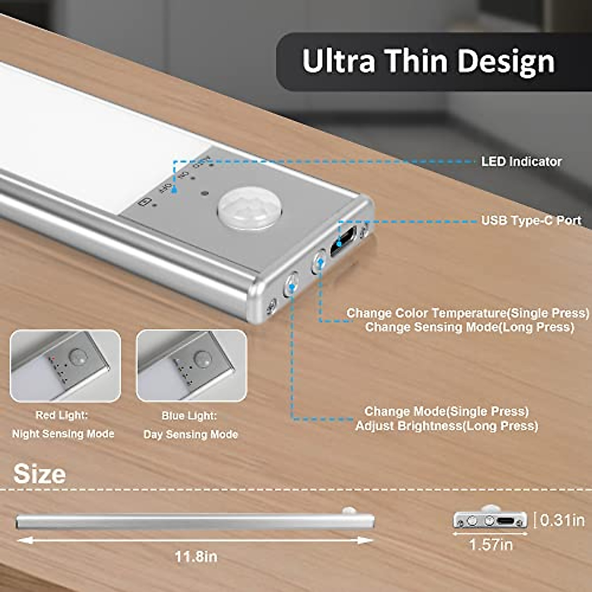 Benreom Under Cabinet Lights with 3 Color Temperatures, Rechargeable Battery Operated Lights, Wireless Motion Sensor Light Indoor, 64 LED Under Cabinet Lighting, Closet Lights for Kitchen, Counter