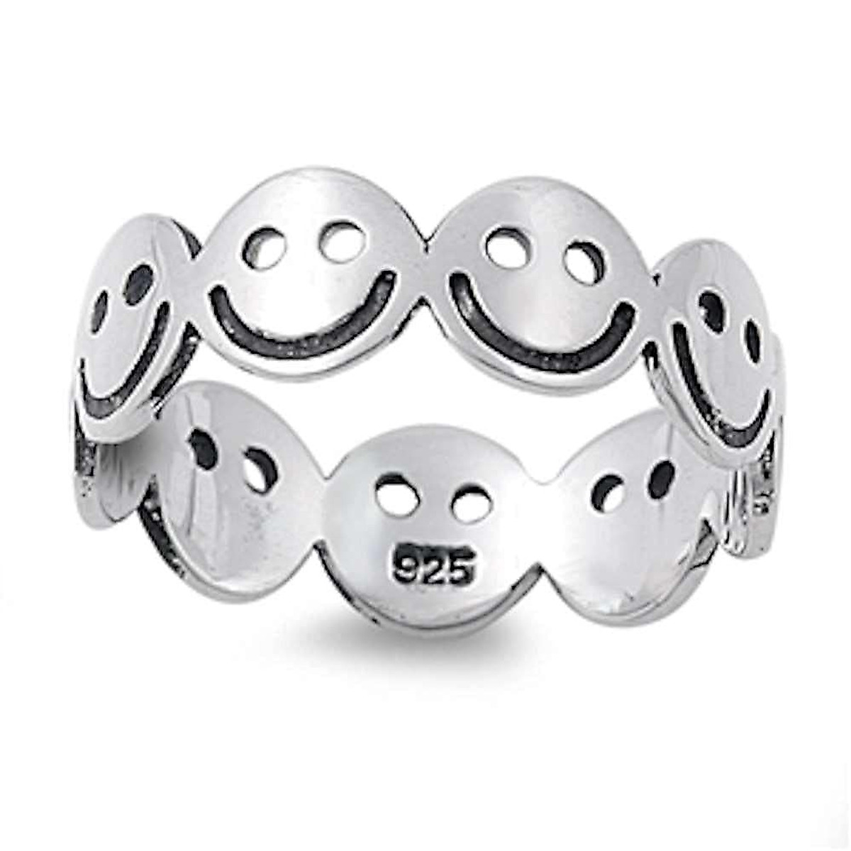 Sterling Silver 925 Happy Face Ring Smiley Face Band Women Adorable Jewelry (10)