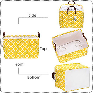 Sea Team Moroccan Lattice Pattern Canvas Fabric Storage Basket Collapsible Geometric Design Storage Bin with Drawstring Cover and PU Leather Handles, 16.5 by 11.8 inches, Waterproof Inner, Yellow
