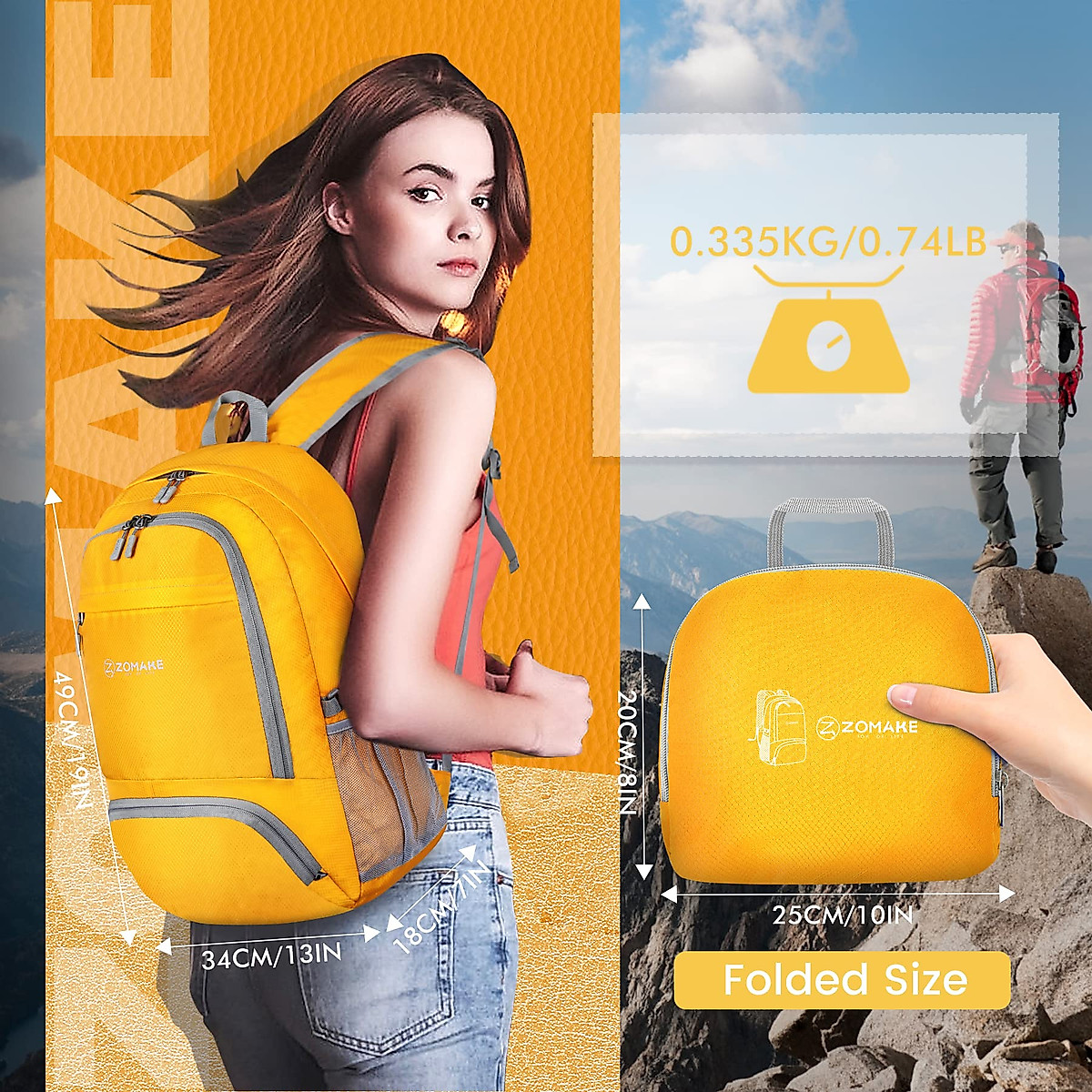 ZOMAKE Lightweight Packable Backpack 30L - Foldable Hiking Backpacks Water Resistant Compact Folding Daypack for Travel(Yellow)