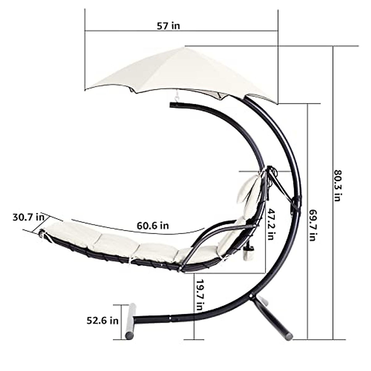 Fundouns Outdoor Hanging Lounge Chair with Stand, Patio Curved Steel Chaise Swing with Removable Olefin Canopy and Cushion,Off-White