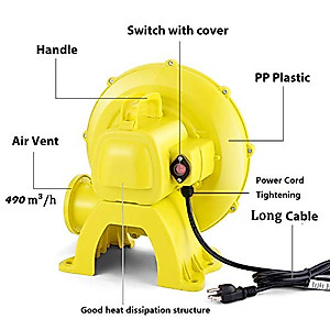 Inflatable Bouncer Blower, Electric Air Blower Fan for Inflatable Bounce House, Jumper, Bouncy Castle(750W 1HP), Commercial Inflatable Blower Bounce House Blower, Convenient to Carry Yellow