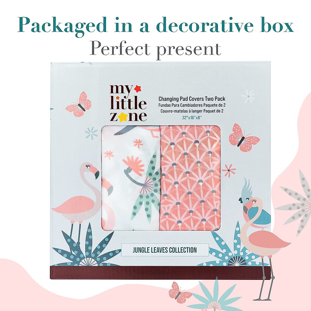 My Little Zone 100% Cotton Changing Pad Cover for Baby Girls, Flamingo - Breathable Bassinet, Mini Crib Mattress Fitted Sheets - Jungle Leaves, 32"x16" with 8" Deep Pocket, White-Coral Pink, 2 Pack