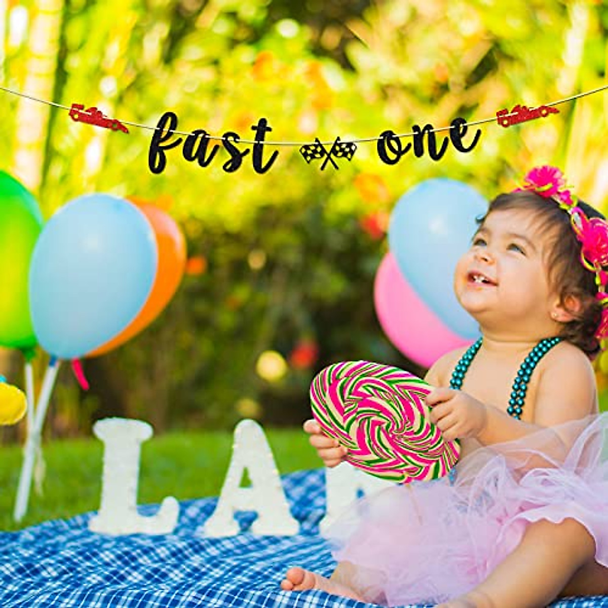 Aonbon Black Glitter Fast One Banner, Race Car Themed Banner, Baby Boy's 1st Birthday Decoration, Chequered Flag Themed Party Supplies