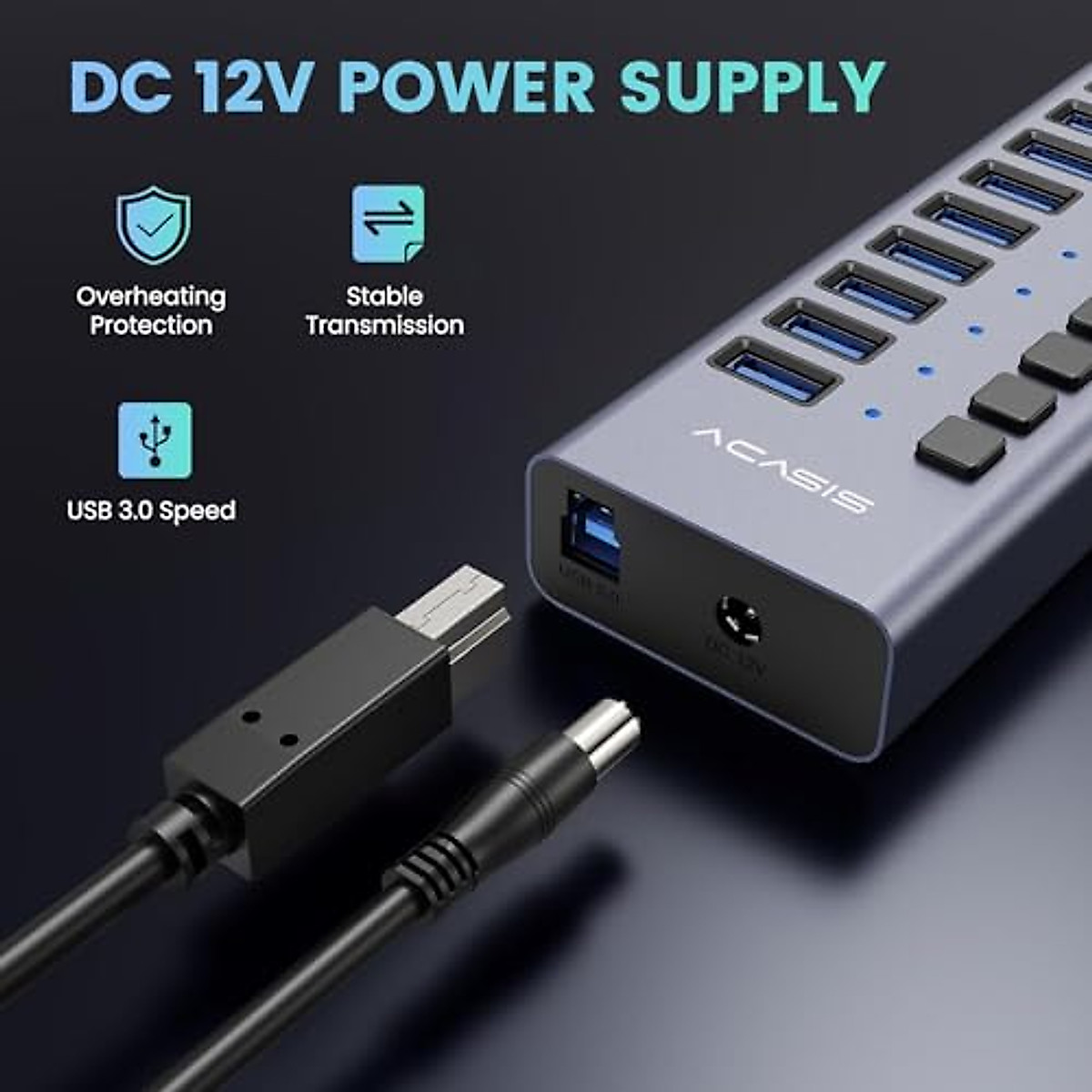 90W Powered USB Hub - ACASIS 16 Ports USB 3.0 Data Port, Aluminum Housing, Individual On/Off Switches, 12V/7.5A Power Adapter, USB Charging Hub/USB Splitter for Laptop, PC, Computer, Printer