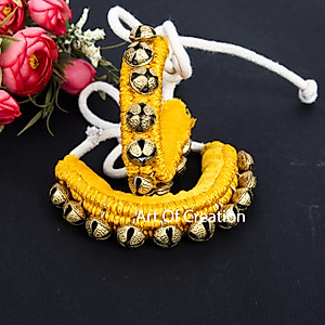 Art Of Creation Dancing Ghungroo Big Bells Pair 1 Lines Anklet Handmade Musical Instrument Classical Bharatnatayam Kuchchipudi Ghungru (Yellow Paded 20 Bell)