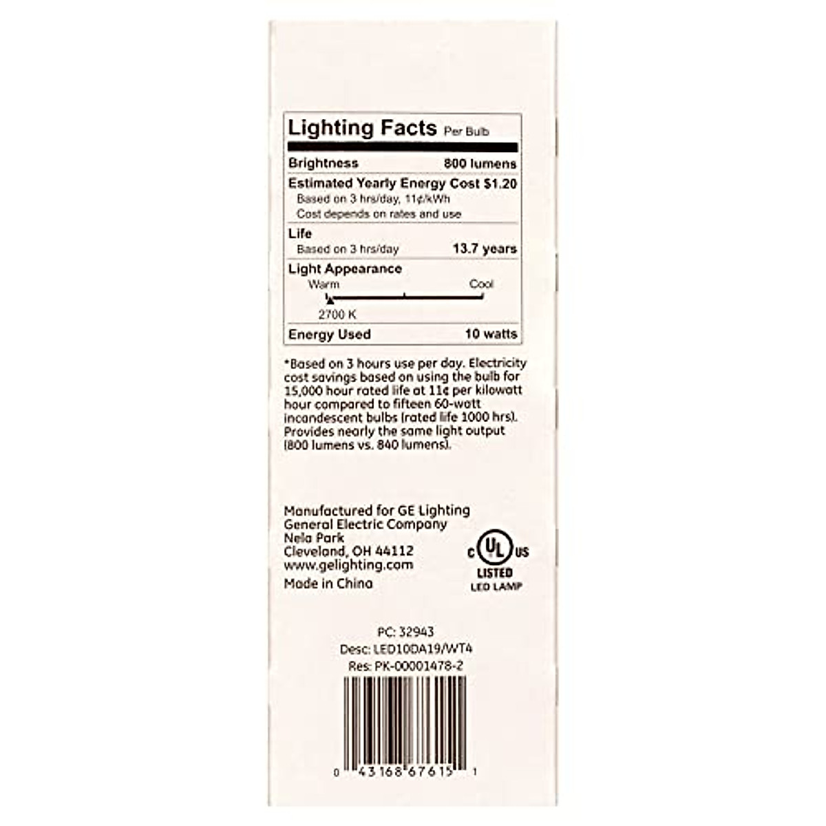 GE 67615 LED Soft White A19 Dimmable Light Bulb, 10 W, 4/Pack